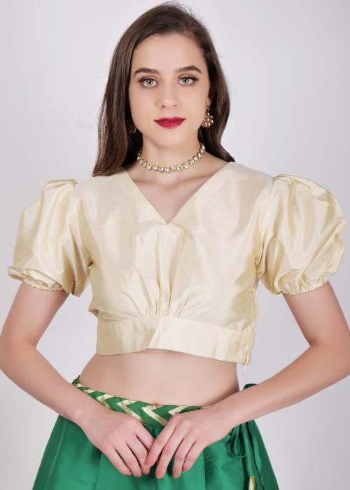 Buy FR Frolic Rolic Women's Girls Silk Puff Sleeve Solid V-Neck Crop ...