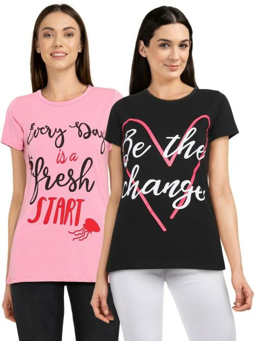 Buy Chozi Women Multicolor Printed Cotton Blend Pack of 2 T-Shirt ...