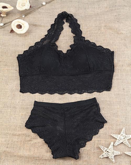 Buy Prettify Bra & Panty Set Self Design / Lace Regular Black Lingerie Set Online at Best Prices ...