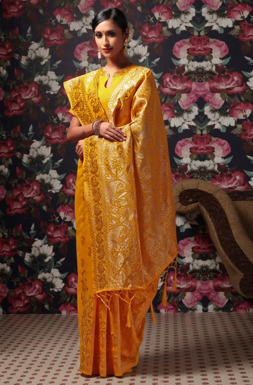 Buy Janasya Women's Yellow Linen Blend Woven Design Saree With Blouse ...