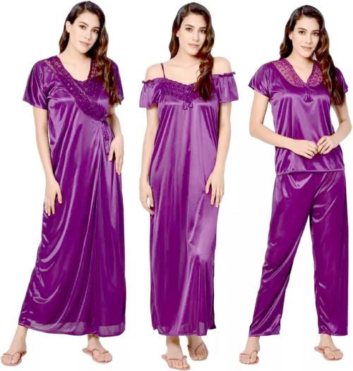 Buy FLANKER Women's Satin Solid Nightwear Fancy Night Dress ( Set of 4 )-4PCSNS-22 Online at ...