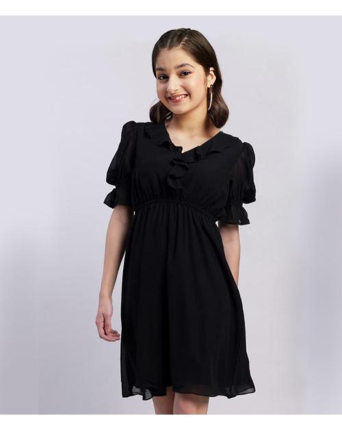 Buy Dearthank Girls Black Solid Georgette Single Dresses & Frocks ...
