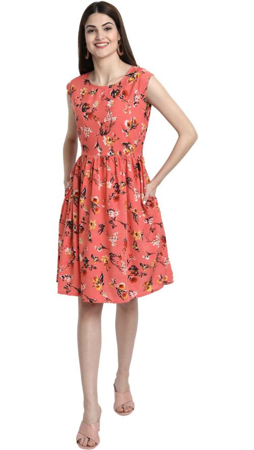 Buy Laycra Women Orange Printed Polyester A-line Dress Online at Best ...
