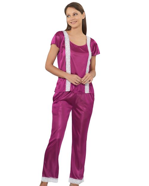Buy Legit Affair Women Magenta Satin Nightsuit 2 pc sleeves top with ...