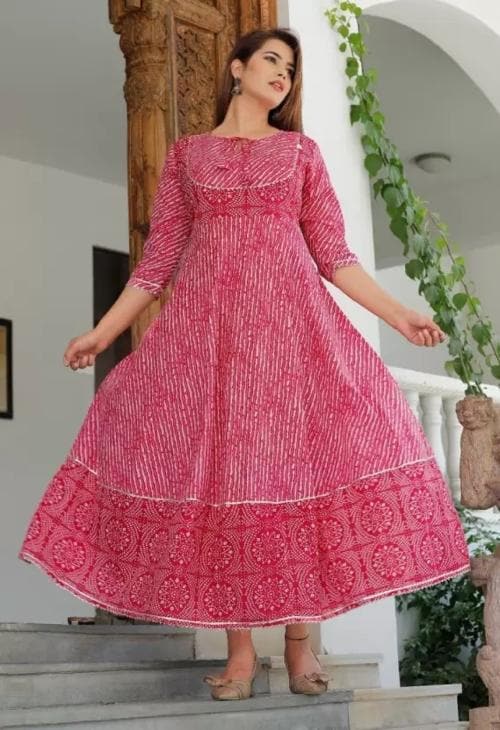 Buy Khedapati Women's Leheriya Cotton Blend Gown Kurta Online at Best ...