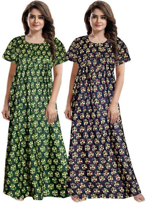 Buy Mudrika Women Green and Blue Floral Pure Cotton Pack of 2 Nighty ...