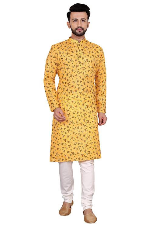 Buy HEORA Mens Yellow Cotton Blend Kurta Pyjama Set for Ethnic and ...