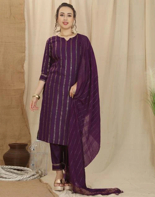 Buy Skylee Women's Purple Color Cotton Kurta Set with Dupatta Online at ...