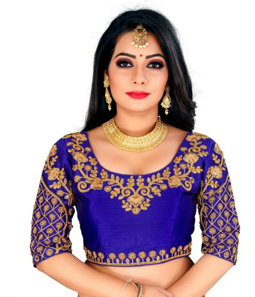 Buy Jay Pal Women Dark Blue Embriodered Art Silk Boat Neck Blouse (38 ...