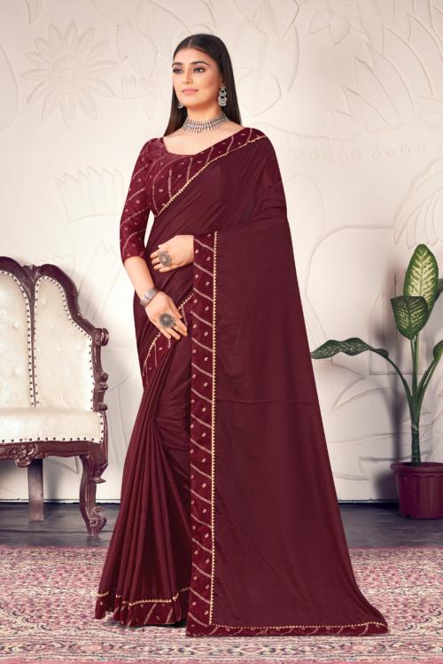 Buy JIADI WORLD Women Maroon Silk Blend Solid, Plain Lace Bollywood Saree Online at Best Prices ...