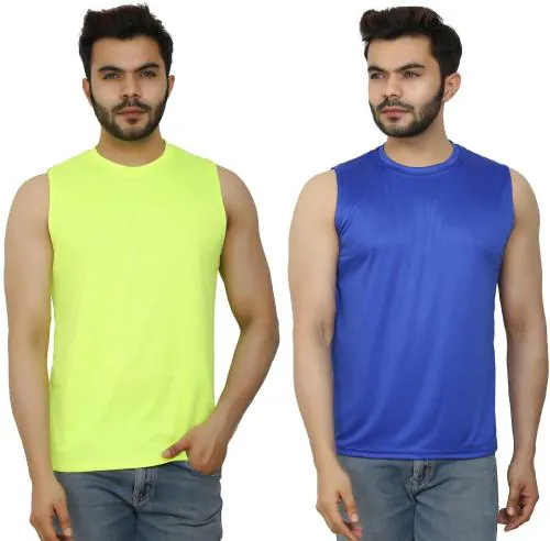Buy PRIME PLUS Neon Yellow and Royal Blue Solid Round Neck Gym Vest ...