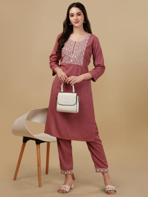 Buy Derifa Wine Embroidered Striped Thread Work Kurta With Trousers ...