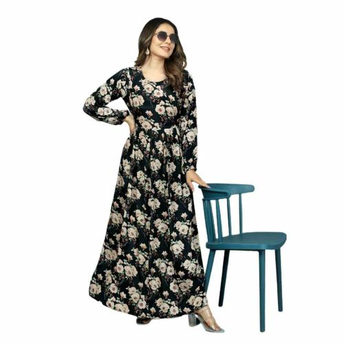 Buy Concy Girls Black Floral Print Silk Blend Puff Sleeves Anarkali ...