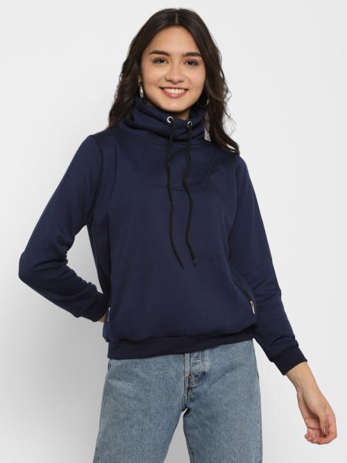 Buy Popster Navy Blue Solid Fleece Turtle Neck Regular Fit Long Sleeve ...