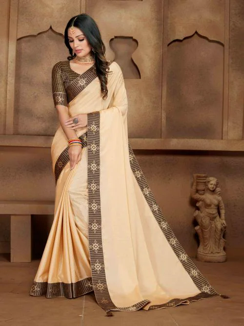 Buy SWIFFIN Premium Collection Vichitra Silk Banarasi Cream Saree For ...