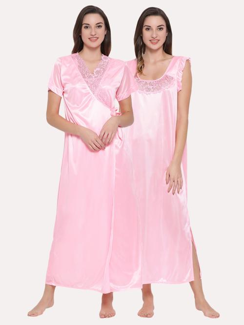 Buy Clovia Women's Pink Solid Satin Pack of 2 Nighty & Robe Sets Online ...