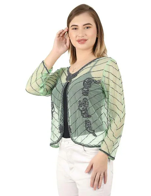Buy UNFAKENOW Women Light Green Net Embellished Shrug (M) Online at ...