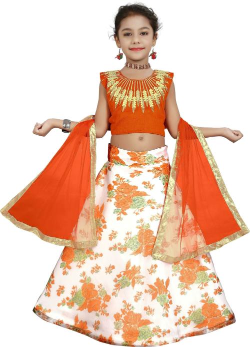 Buy BHIMANI IMPEX Girls Orange, White Embroidered Silk Blend Lehenga ...