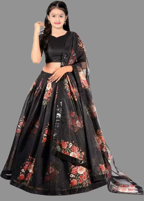 Buy Piludi Girls Black Embroidered Art Silk Lehenga & Choli | Girls ...