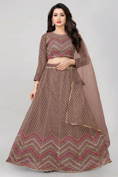 Buy Fabcartz Women Brown Self Design Net Lehenga Choli Online at Best ...