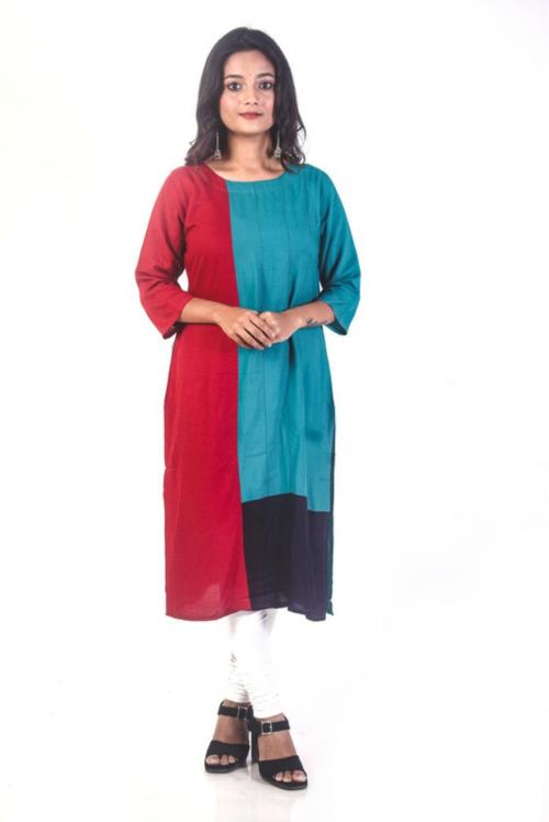 Buy Pecker Women Multicolor Colorblock Pure Cotton A-line Kurti - XL ...