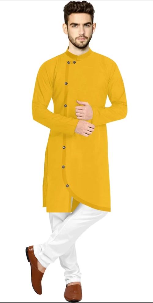 Buy Simran Creation Men Yellow Solid Cotton Blend Straight Kurta (L ...