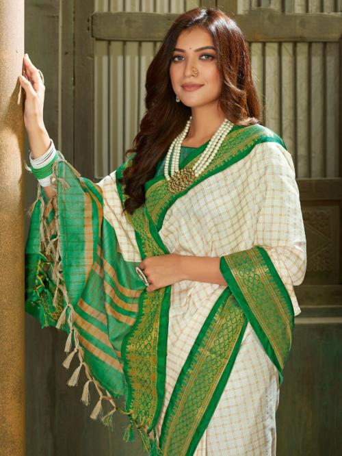 Buy Yourwish Women White, Green Checkered Cotton Silk Bollywood Saree ...