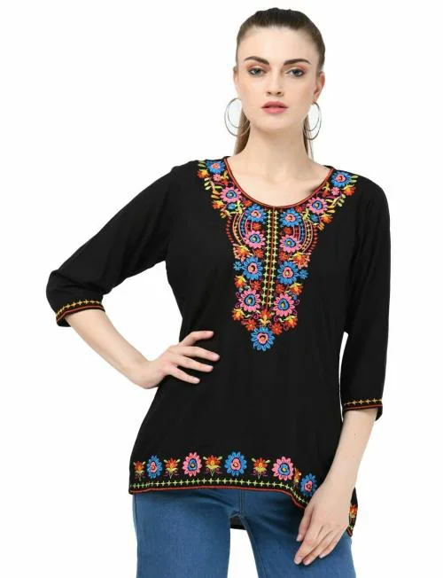 Buy SAAKAA Women's Rayon Black Embroidery Top Online at Best Prices in ...
