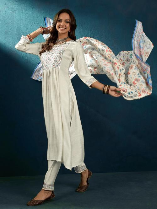 Buy SheWill Cream Rubi Thread Sequence Embroidered Kurta With Pant And Dupatta Online at Best ...