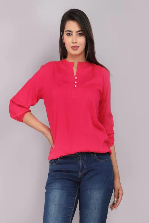 Buy VSUNDRA Rayon Mandarin Neck 3/4 Sleeves Button Neckline Solid Rani ...