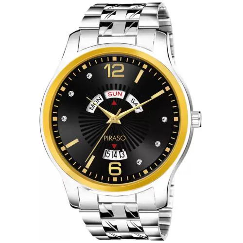 Buy Piraso Black Gold Dial & Silver Chain with day&date working Display ...