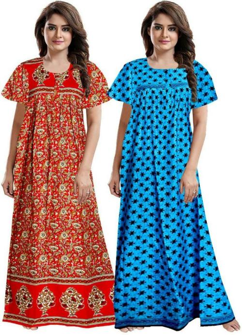 Buy Mudrika Women Red and Blue Printed Pure Cotton Pack of 2 Nighty Set ...
