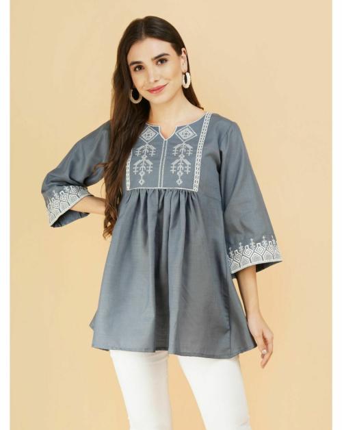 Buy Maharathi Women Grey Embroidered Pure Cotton Top - L Online at Best ...