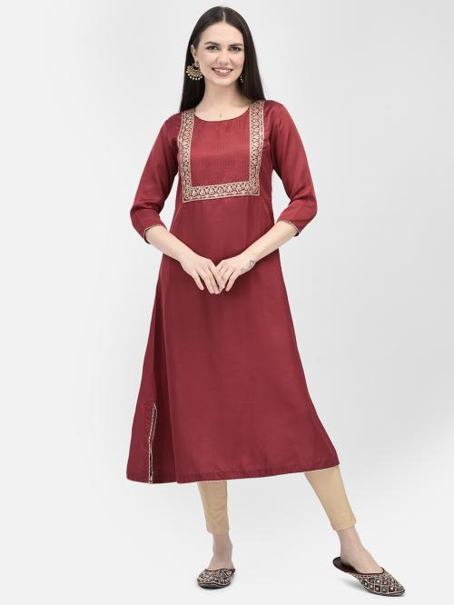 Buy Span Women Maroon Self Design Pure Cotton A-Line Kurta Online at ...