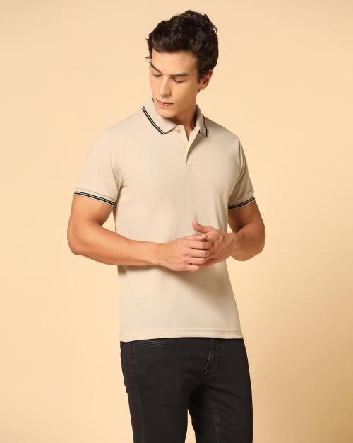 Buy INKKR Men Solid Polo Neck Cotton Blend Beige T-Shirt Online at Best Prices in India - JioMart.