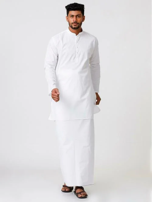 Buy Ramraj Men White Cotton Solid Long sleeves Mandrian collar Kurta ...