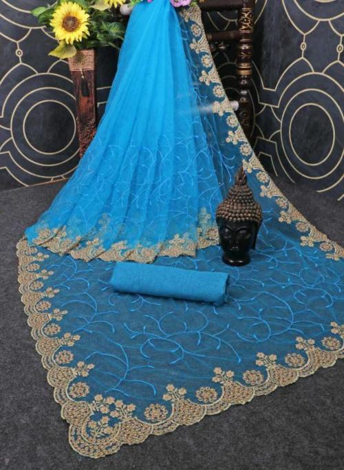 Buy Harmi Fashion Women Light Blue Embroidered Net Bollywood Saree ...