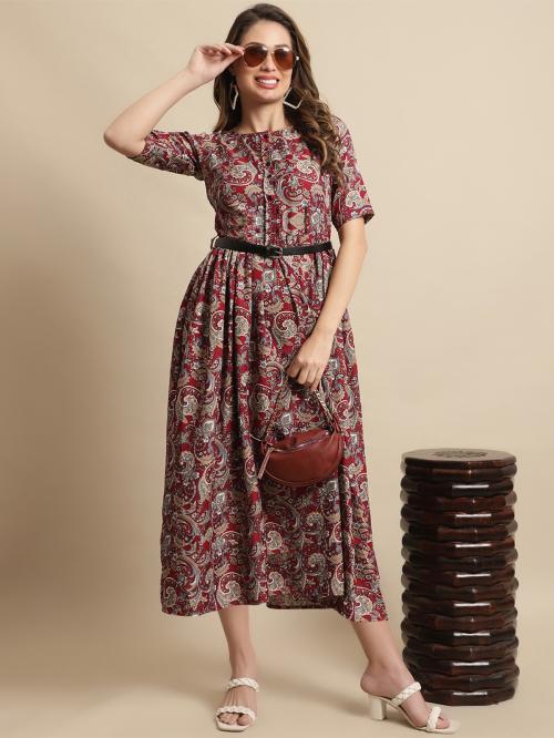 Buy Fabflee Women Multicolor Printed Rayon A-line Dress (Maroon ...