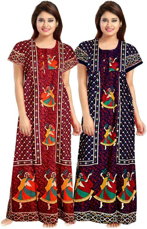 Buy Mudrika Women Maroon and Blue Printed Cotton Pack of 2 Nighty ...