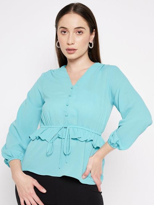 Buy Camla Women Blue Solid Cotton Blend Casual Top Online at Best ...