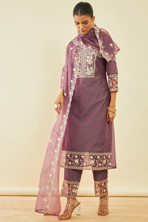 Buy Soch Womens Onion Pink Chanderi Embroidered Salwar Suit With ...