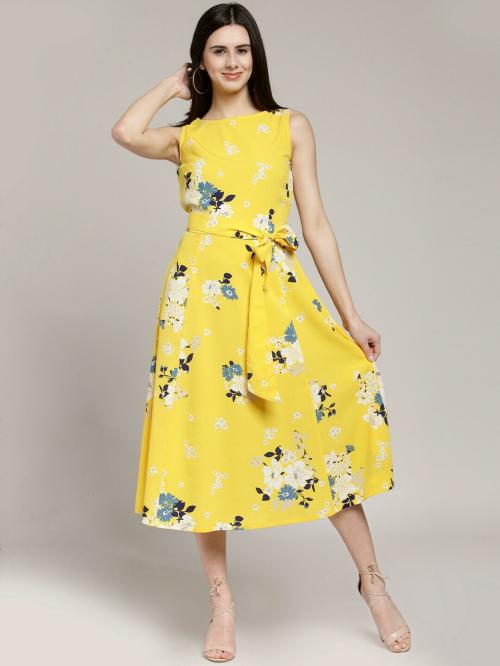 Buy Pluss Women Yellow Printed Polyester A-Line Dress Online at Best ...