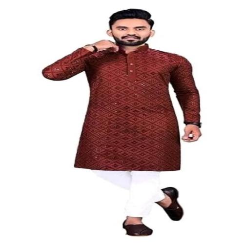 Buy CLOTHINK HUB Men Embroidered Cotton Blend Solid Long Kurta (Regular ...