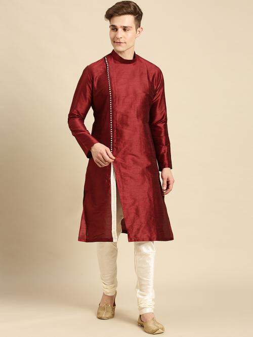 Buy Sanwara Men's Solid Designer Art Silk Deep Maroon Color Kurta Set ...