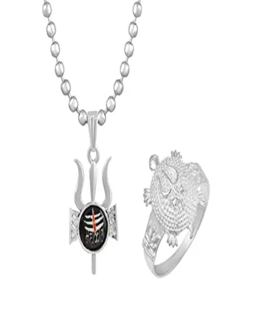 Buy morir Silver Plated Brass Shiv Shakti Trishul Damru Pendant with ...