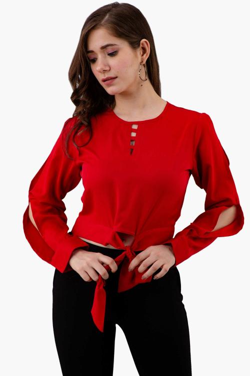 Buy Pretty Loving Thing Women Casual Cutout Sleeve Solid Red Color Top ...