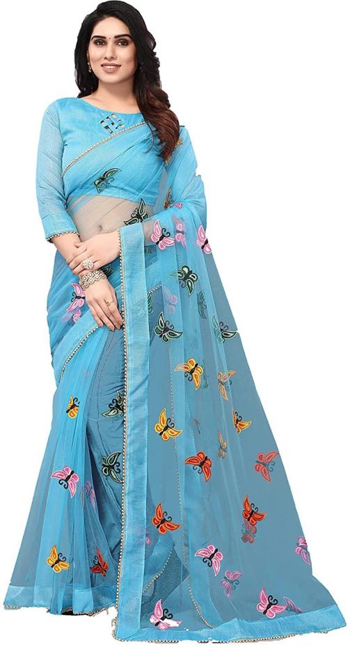 Buy IrisTheStudio Women Light Blue Net Embroidered Bollywood Saree - Pr ...
