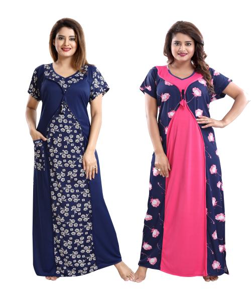 Shopping World Women Multicolor Printed Satin Nighty Combo- Free Size ...