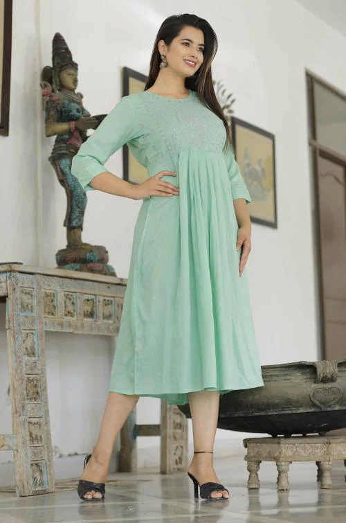 Buy Mehsoos Women Pista Green Embroidered Viscose Rayon Flared Kurta ...