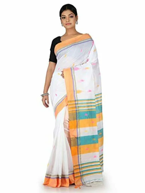 Buy Pinkloom Women White Cotton Handloom Saree With Blouse Piece Online ...